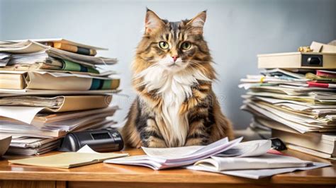 Overwhelmed Office Cat A Chaos Of Paperwork And Papers Stock