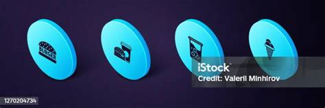 와플 콘에 아이소메트릭 아이스크림을 설정하고 물과 유리 커피와 햄버거와 버거 아이콘을 설정합니다 벡터 3차원 형태에 대한 스톡 벡터 아트 및 기타 이미지 Istock