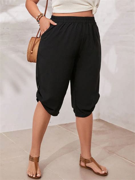 Shein Vcay Plus Size Womens Elastic Waist Ruched Hem Rolled Up Capris
