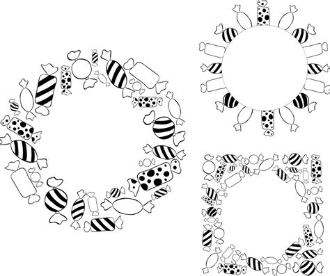 Candy Circle Round Frame Set Template Black And White Graphic Line Ink Illustration Christmas