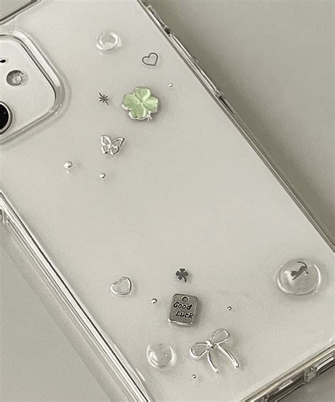 멜로디 클로버 폰케이스 아이폰 갤럭시 레진케이스 핸드메이드 럭키비키 네잎클로버 행운 실버 투명 젤하드케이스 에이블리