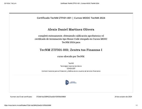 Certificado TecNM ZTFI01-001 - Cursos MOOC TecNM 2024 | PDF