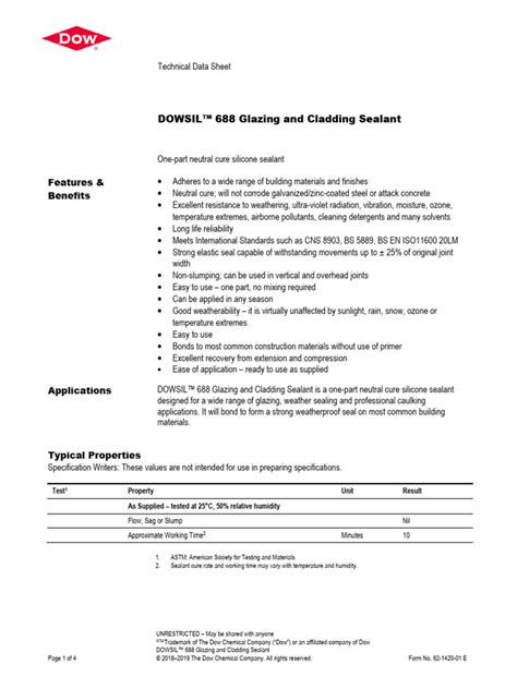 Dowsil 688 Glazing Cladding Sealant Pdf Silicone Dow Chemical Company