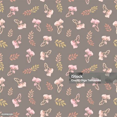 수채화 가을 버섯 매끄러운 패턴 분홍색 버섯과 나무 잎 패턴 포장 포장지 문구 및 스크랩예약을위한 가을 디자인 가을에 대한 스톡 벡터 아트 및 기타 이미지 Istock