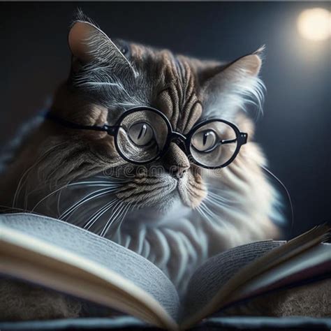 Fluffy Cat In Glasses Reads A Book Stock Illustration Illustration