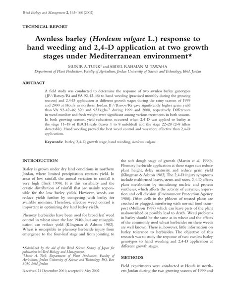 Pdf Awnless Barley Hordeum Vulgare L Response To Hand Weeding And