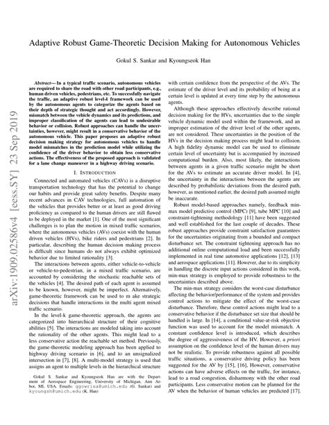 Pdf Adaptive Robust Game Theoretic Decision Making For Autonomous Vehicles