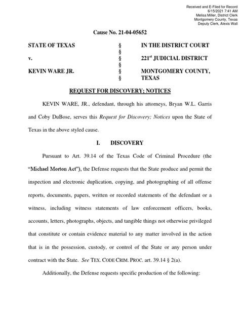 State Of Texas V Kevin Ware Cause No 21 04 05652 Pdf Discovery
