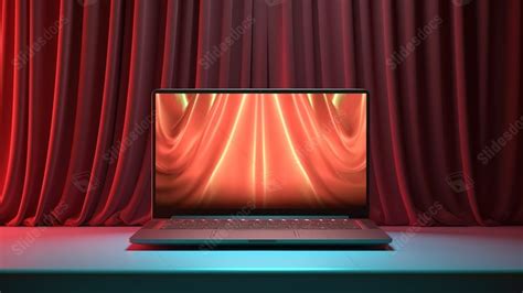 무료 커튼을 배경으로 혼자 서 있는 세련된 노트북 3d 렌더링 Ppt 배경 Slidesdocs