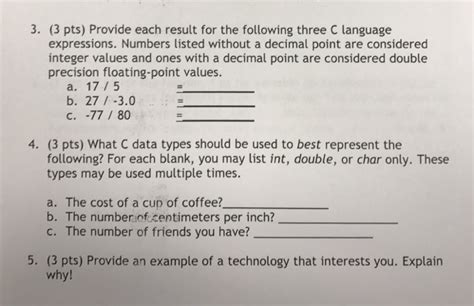 solved provide each result for the following three c