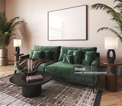 짙은 녹색 소파 테이블 보헤미안 스칸디 거실의 인테리어가 있는 집 인테리어 프레임 모형 3d 렌더링 고품질 3d 그림 재팬디에 대한 스톡 사진 및 기타 이미지 Istock