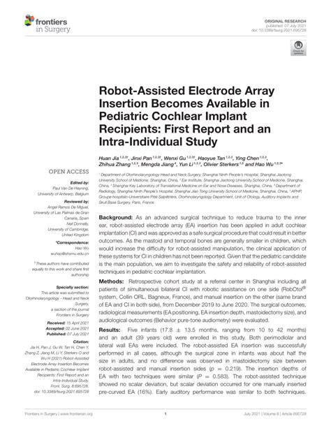 Pdf Robot Assisted Electrode Array Insertion Becomes Available In Pediatric Cochlear Implant