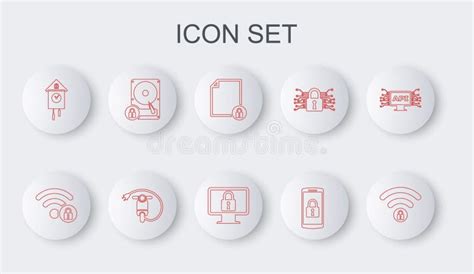 Set Line Wifi Locked Document And Smartphone With Retro Wall Watch Hard Disk Drive Electric