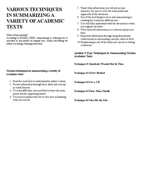 Various Techniques In Summarizing A Variety Of Academic Texts Pdf Cognitive Science Cognition