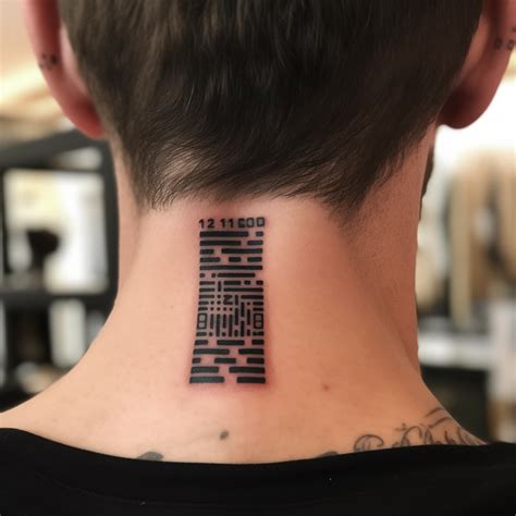 A Small Tattoo Representing A Bar Code On Someones Neck