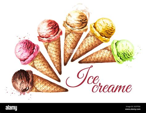 Various Ice Cream Scoops In Waffles Composition Watercolor Hand Drawn