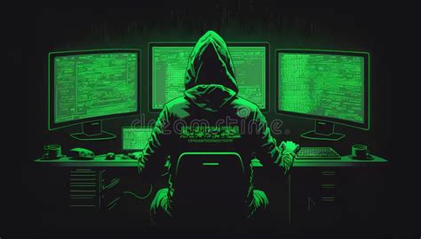 Hacker With 3 Computer Screens Green Color Stock Illustration Illustration Of Signage Green