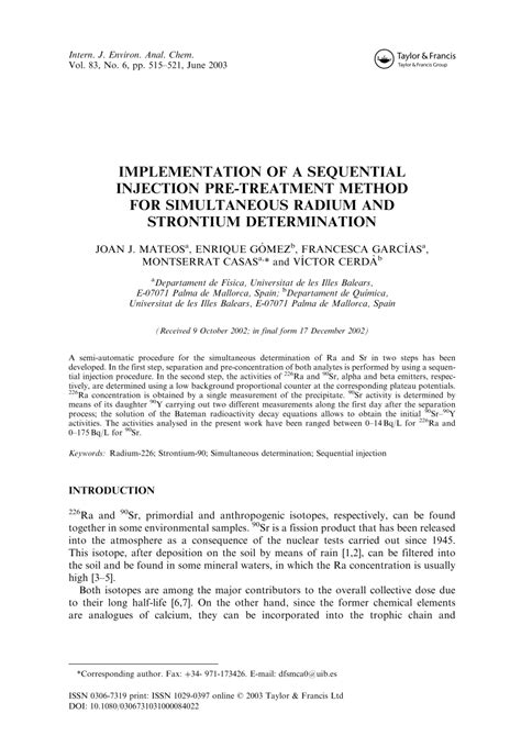 Pdf Implementation Of A Sequential Injection Pre Treatment Method For Simultaneous Radium And