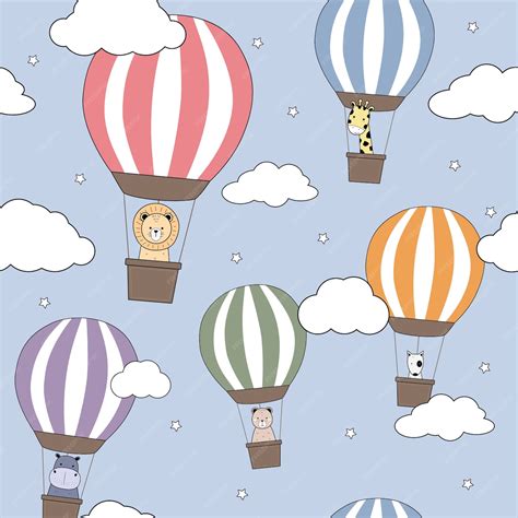 Premium Vector Cute Animals Hot Air Balloon Cartoon Doodle Seamless