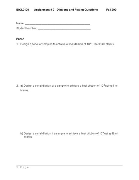 Dilution Calculation Biol 2100 Name