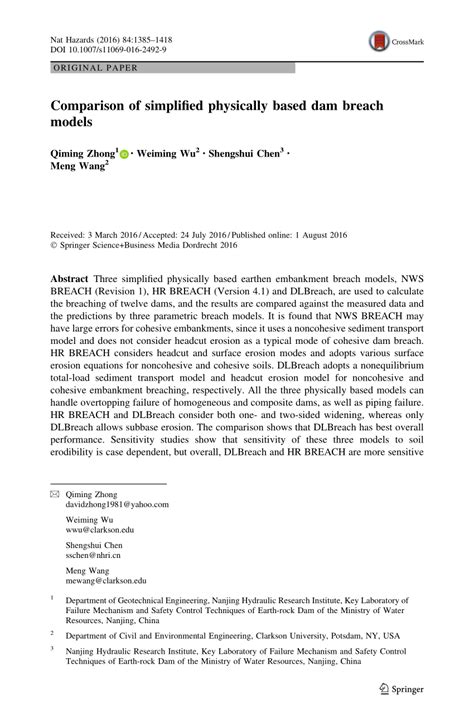 Pdf Comparison Of Simplified Physically Based Dam Breach Models