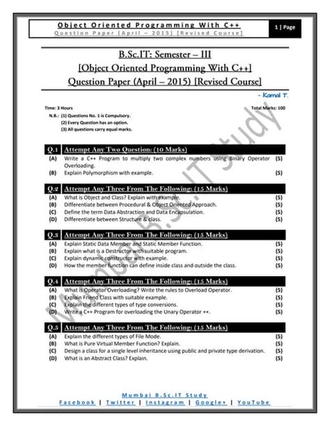 Question Paper Object Oriented Programming With C Revised Course April 2015 Pdf