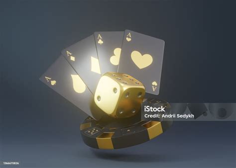 어두운 배경에 고립 된 황금 금속 카드 아이콘 전통적인 자수 플레이 카드 기호 포커 칩 주사위 및 에이스를 재생합니다 카지노 게임 도박 개념 3d 렌더링 3d 일러스트레이션