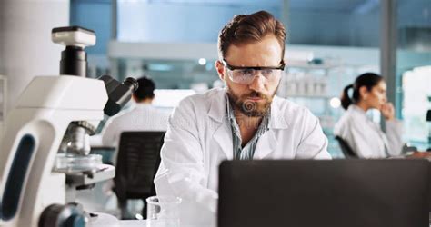 Glasses Laptop And Science With Man In Laboratory For Clinical Trail