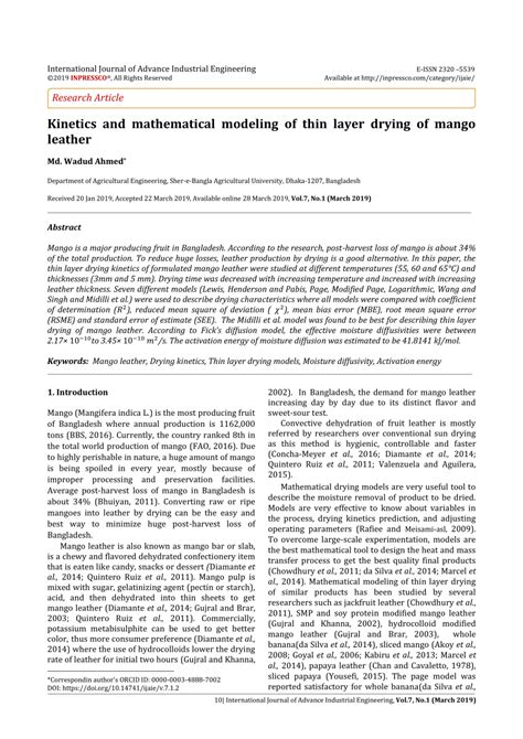 Pdf Kinetics And Mathematical Modeling Of Thin Layer Drying Of Mango