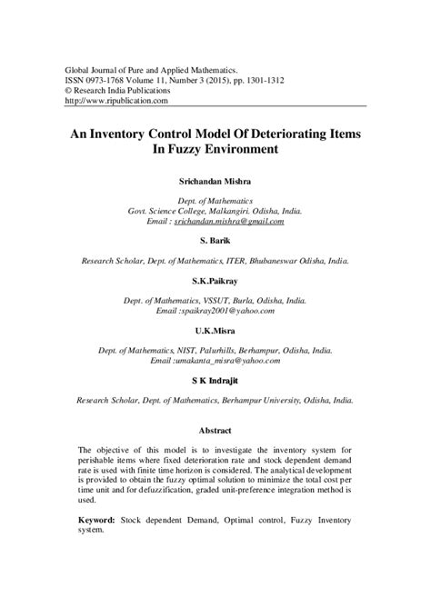 Pdf An Inventory Control Model Of Deteriorating Items In Fuzzy Environment Susanta Kumar