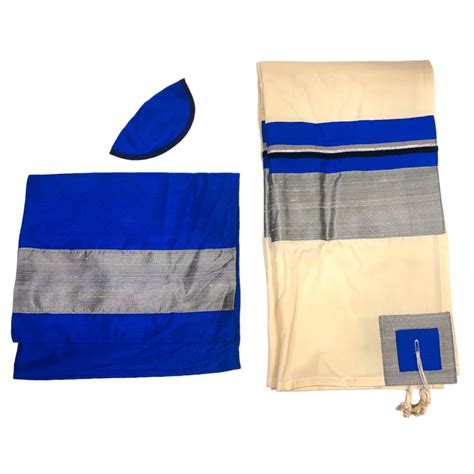 100 Fine Cotton Talis Set With Royal Blue And Silver Trim