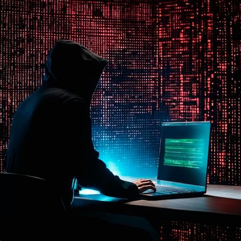 premium photo hacker in mask stealing information from laptop computer