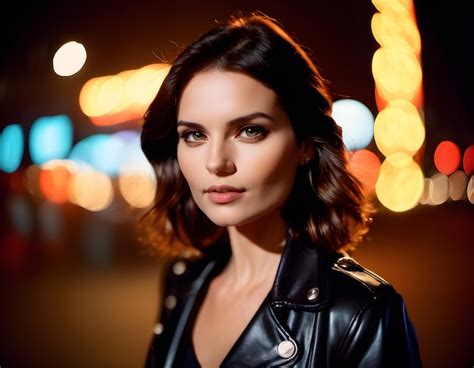 Premium Ai Image Girl With Black Leather Jacket Stands Under Neon