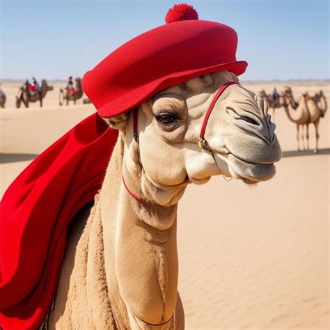 Premium Ai Image A Camel With Red Hat In Desert