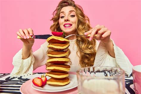 Food Pop Art Adorable Girl With Red Hair Starting Eat Giant Portion Of