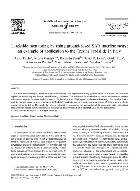 Pdf Landslide Monitoring By Using Ground Based Sar Interferometry An Example Of Application
