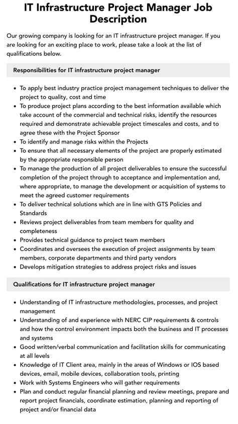 It Infrastructure Project Manager Job Description Velvet Jobs