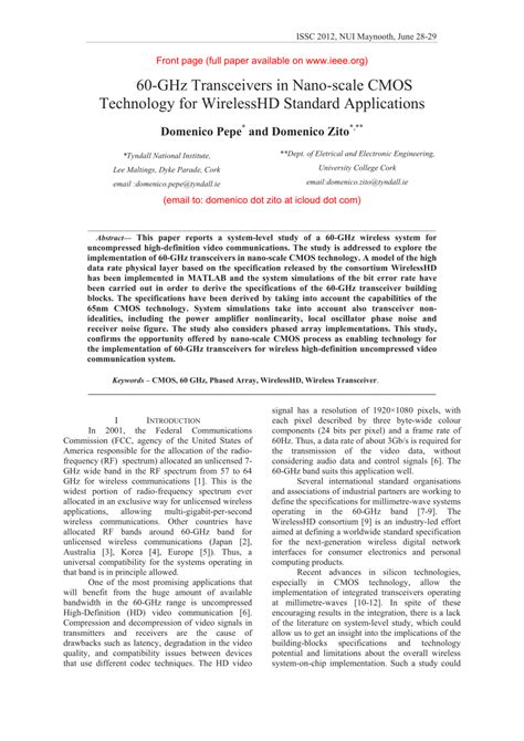 Pdf 60 Ghz Transceivers In Nano Scale Cmos Technology For Wirelesshd Standard Applications