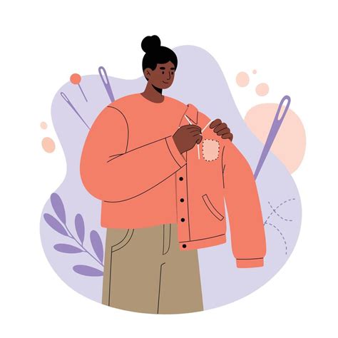 Woman Sewing Patch On Orange Jacket With Needles And Thread In Creative
