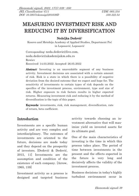 Pdf Measuring Investment Risk And Reducing It By Diversification