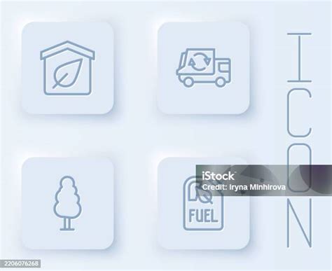 세트 라인 친환경 주택 쓰레기 수거차 나무 및 바이오 연료 용기 흰색 사각형 버튼 벡터 0명에 대한 스톡 벡터 아트 및 기타