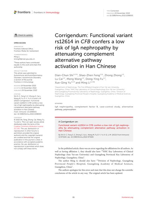 Pdf Corrigendum Functional Variant Rs12614 In Cfb Confers A Low Risk Of Iga Nephropathy By