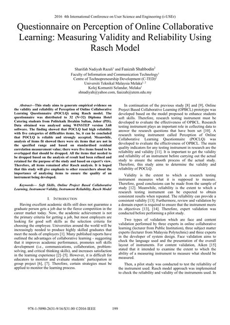 Pdf Questionnaire On Perception Of Online Collaborative Learning Measuring Validity And