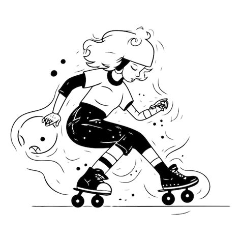 Vector Illustration Of A Girl On Roller Skates Skateboarding Premium