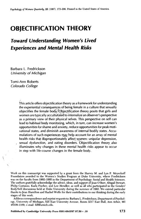 Pdf Objectification Theory Toward Understanding Womens Lived