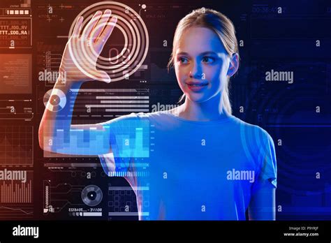 Smiling Girl Using A Security System And Touching The Screen Stock Photo Alamy