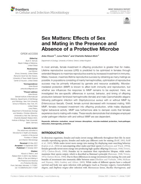 [pdf] Sex Matters Effects Of Sex And Mating In The Presence And Absence Of A Protective Microbe
