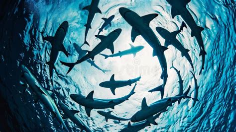 A Group Of Sharks Swimming And Circling Together In The Deep Ocean A Group Of Sharks Circling