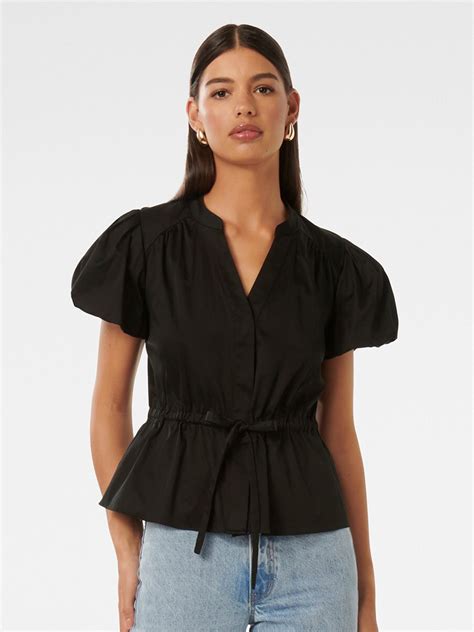 Buy Forever New Mandarin Collar Puff Sleeves Cotton Cinched Waist Top