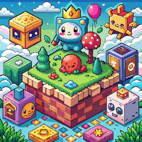 Pixelated World With Cute Characters And Houses On Top Of A Brick